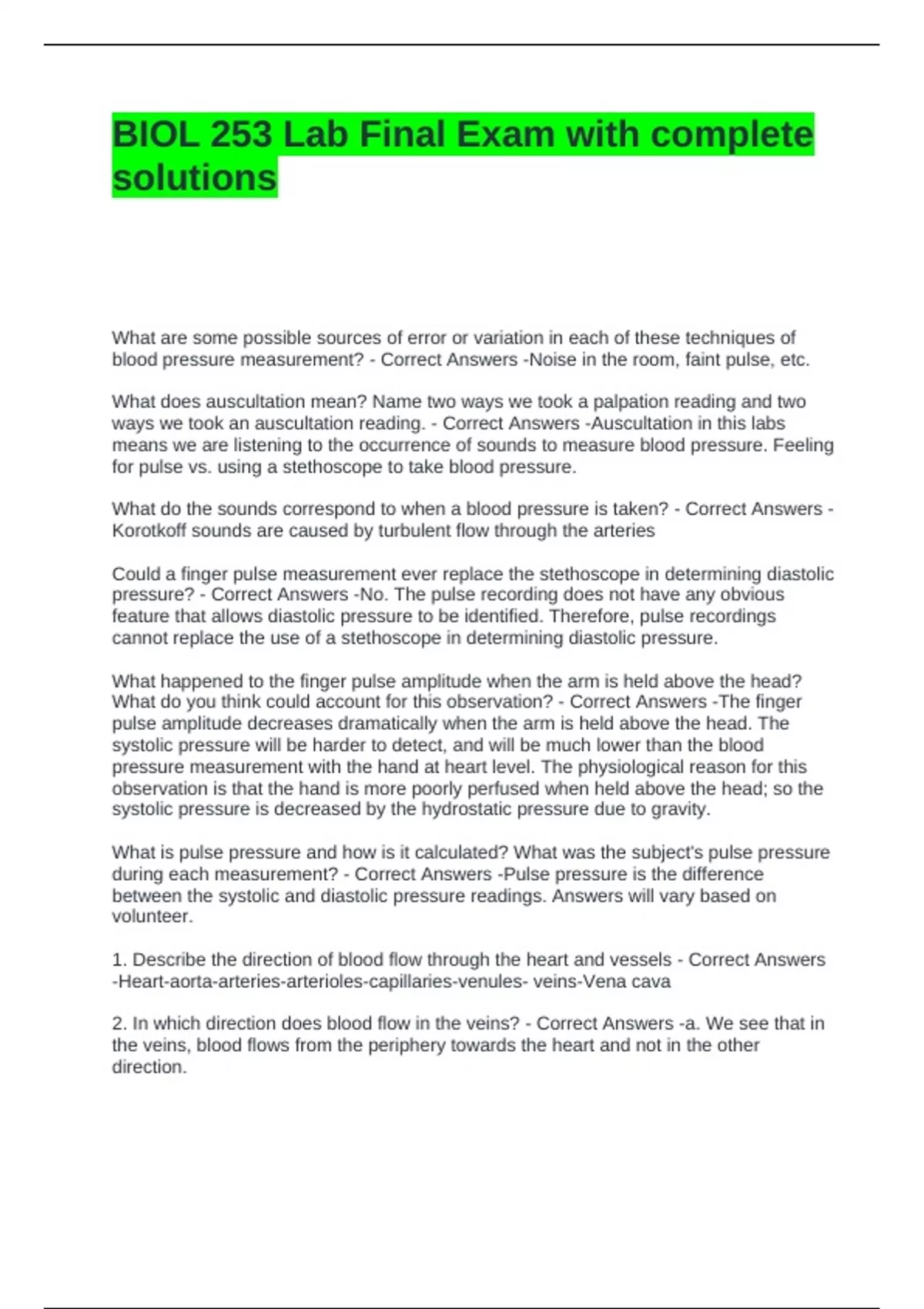 BIOL 253 Lab Final Exam with complete solutions - Bio 253 - Stuvia US