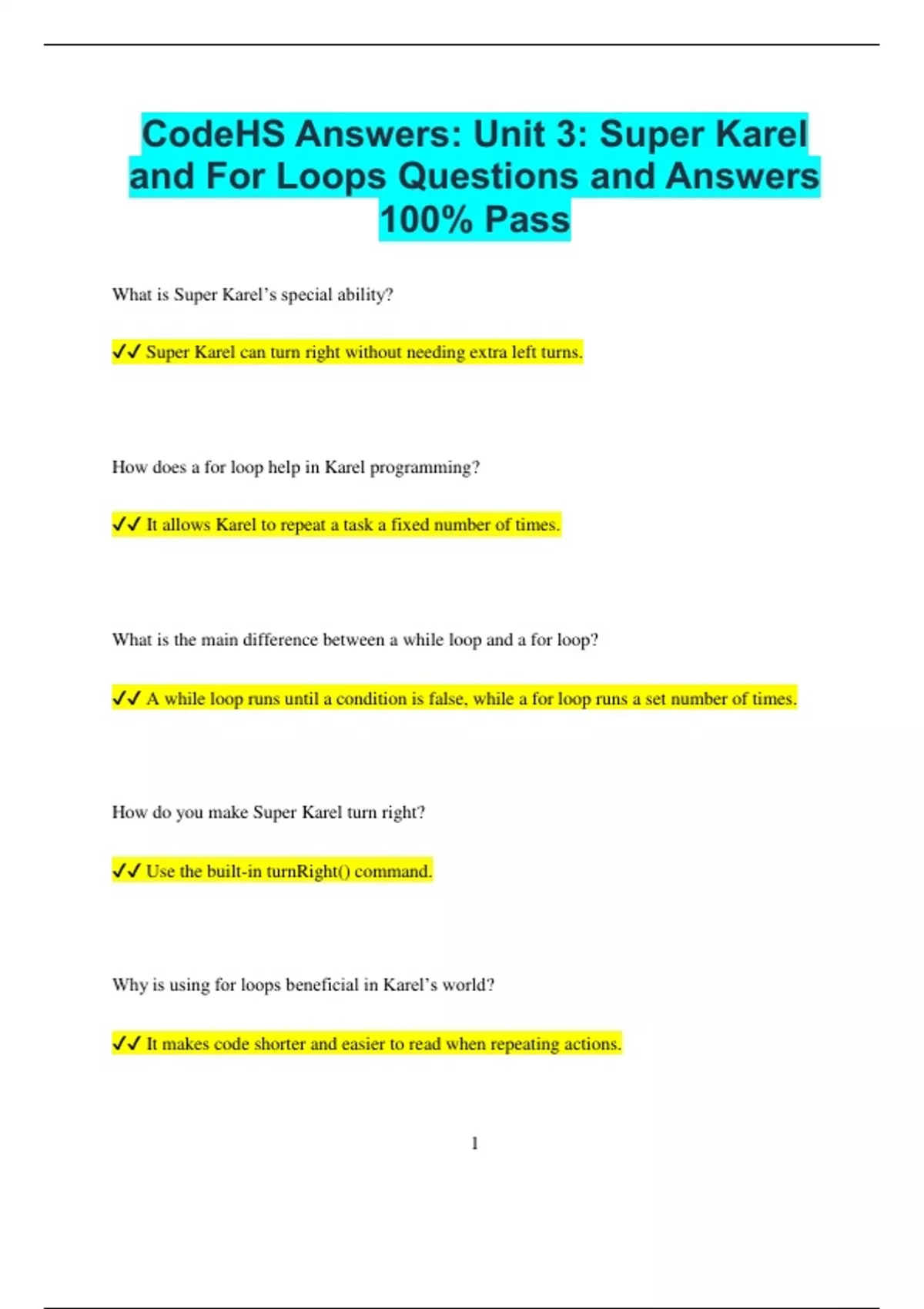 CodeHS Answers: Unit 3: Super Karel and For Loops Questions and Answers 100% Pass - CodeHS ...