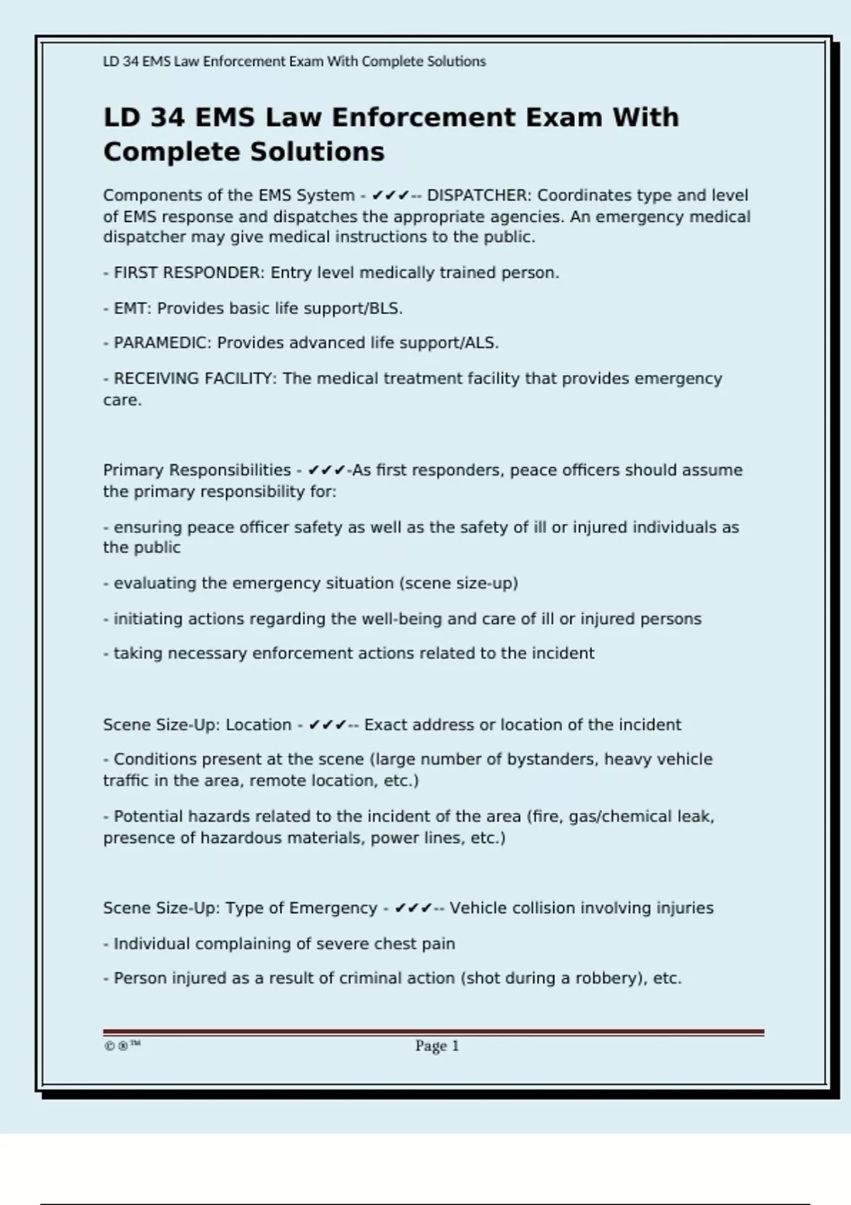 LD 34 EMS Law Enforcement Exam With Complete Solutions - LD 34 EMS Law ...