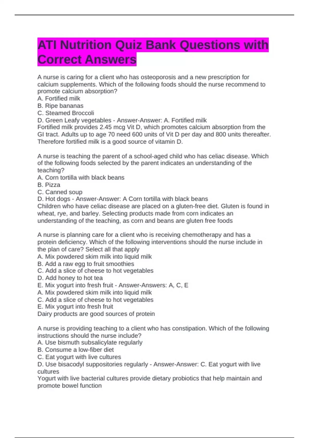 ATI Nutrition Quiz Bank Questions with Correct Answers - Basic ...