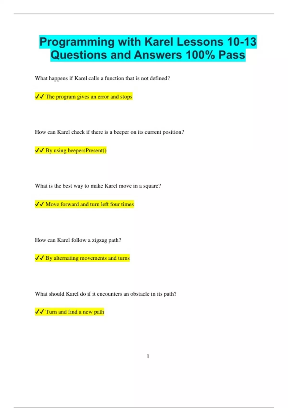 Programming with Karel Lessons 10-13 Questions and Answers 100% Pass - Programming with Karel ...