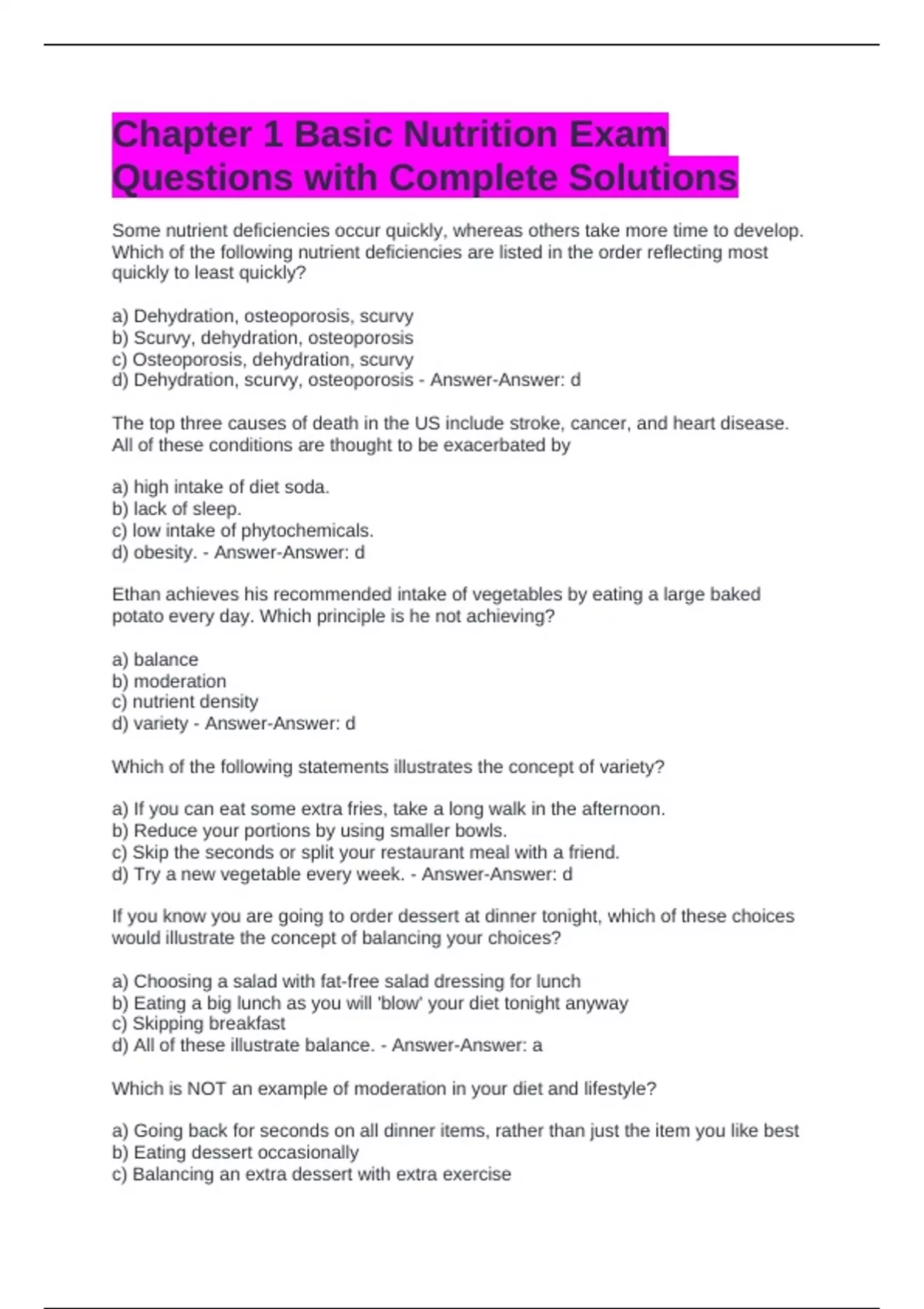 Chapter 1 Basic Nutrition Exam Questions with Complete Solutions ...