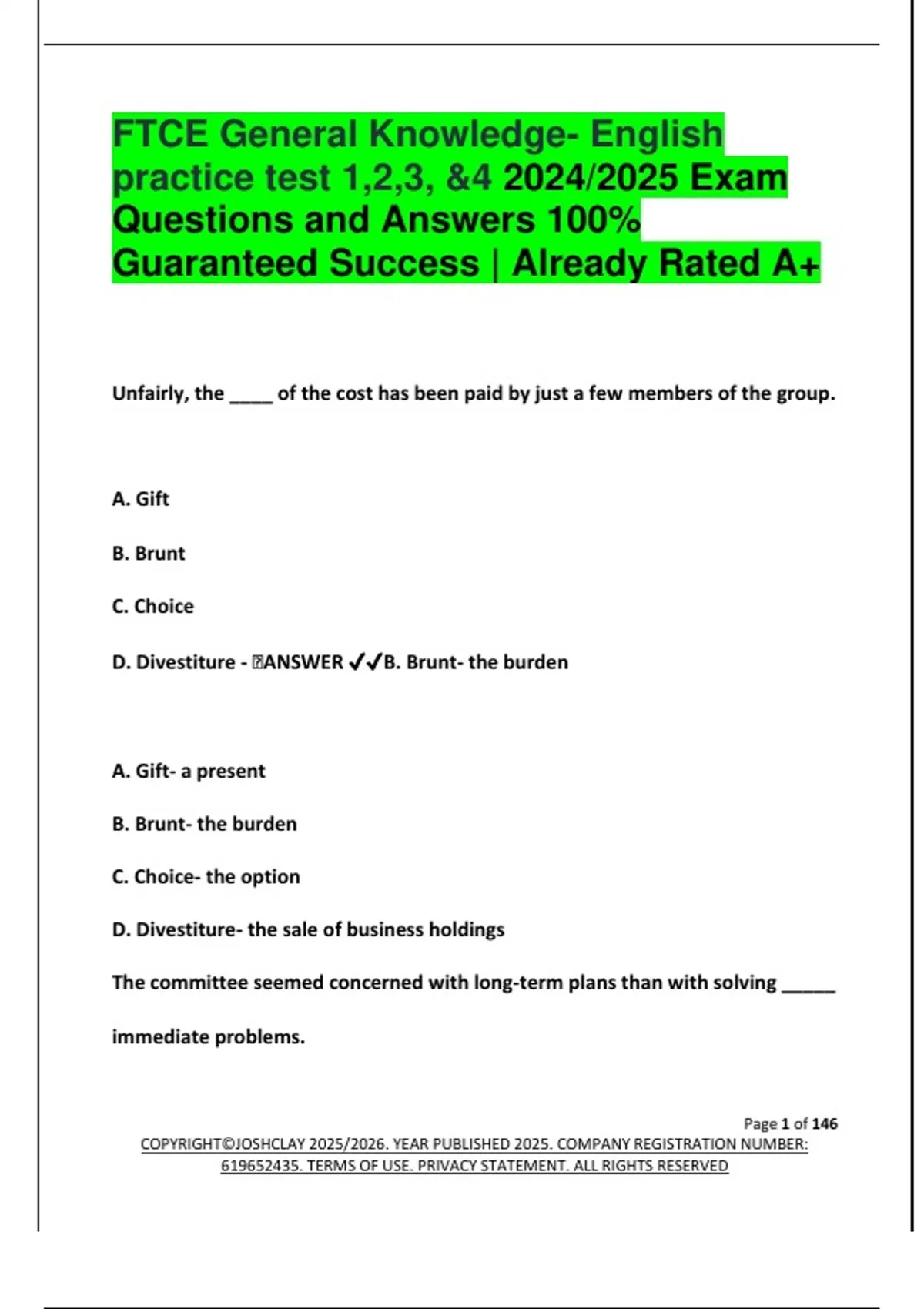 FTCE General Knowledge- English practice test 1,2,3, &4 2024/2025 Exam ...
