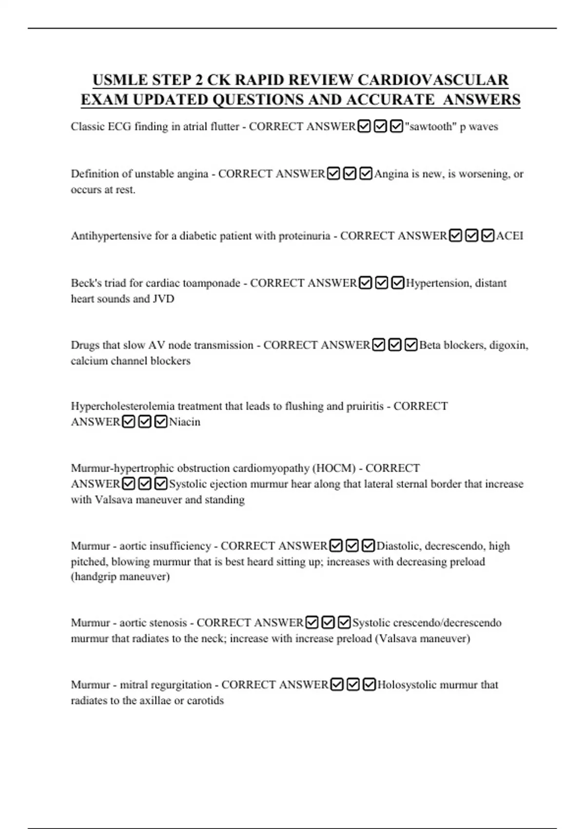 USMLE STEP 2 CK RAPID REVIEW CARDIOVASCULAR EXAM UPDATED QUESTIONS AND ...