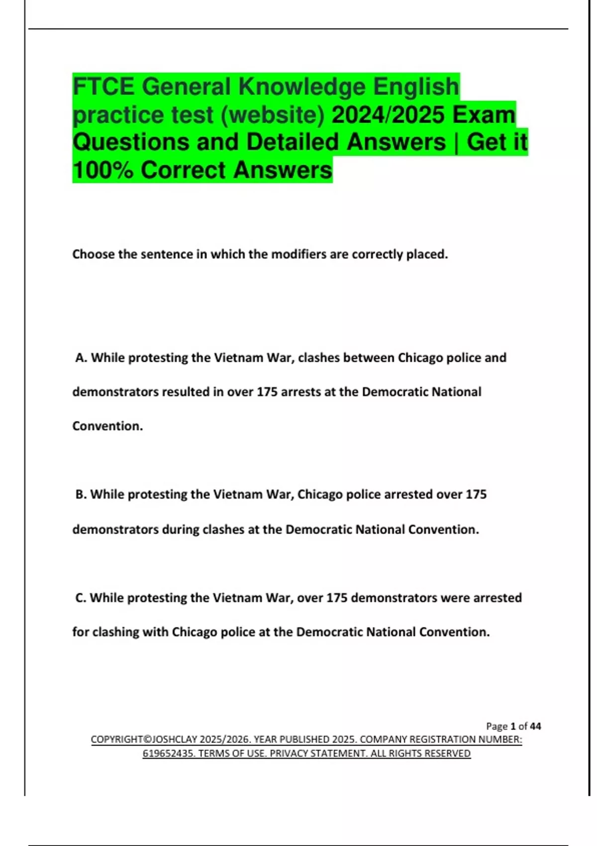 FTCE General Knowledge English practice test (website) 2024/2025 Exam ...