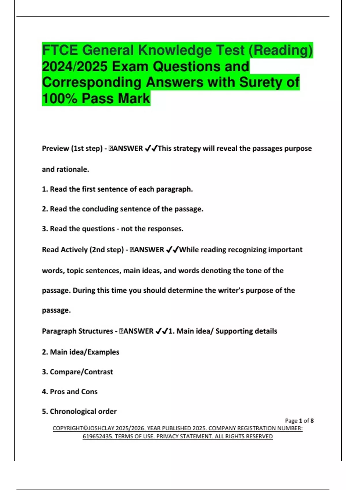 FTCE General Knowledge Test (Reading) 2024/2025 Exam Questions and ...