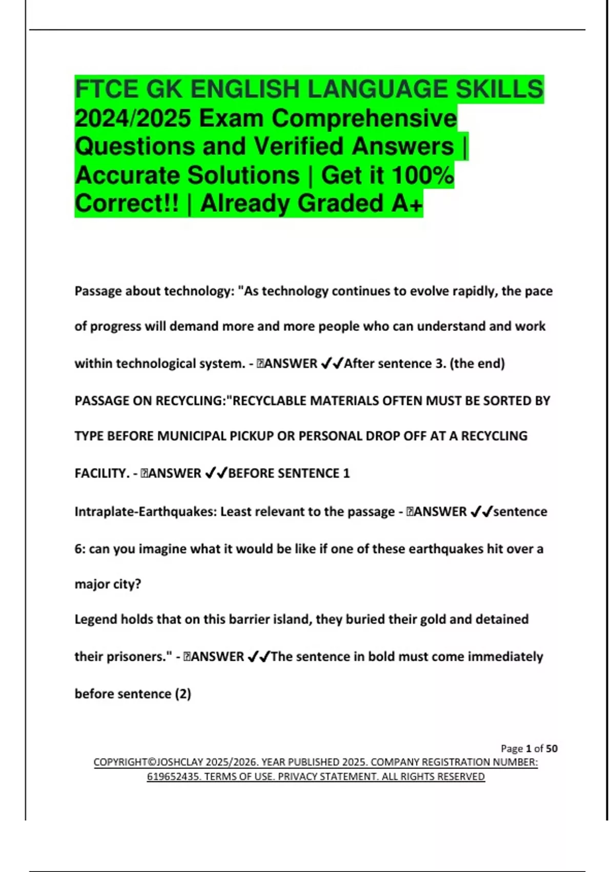 FTCE GK ENGLISH LANGUAGE SKILLS 2024/2025 Exam Comprehensive Questions ...