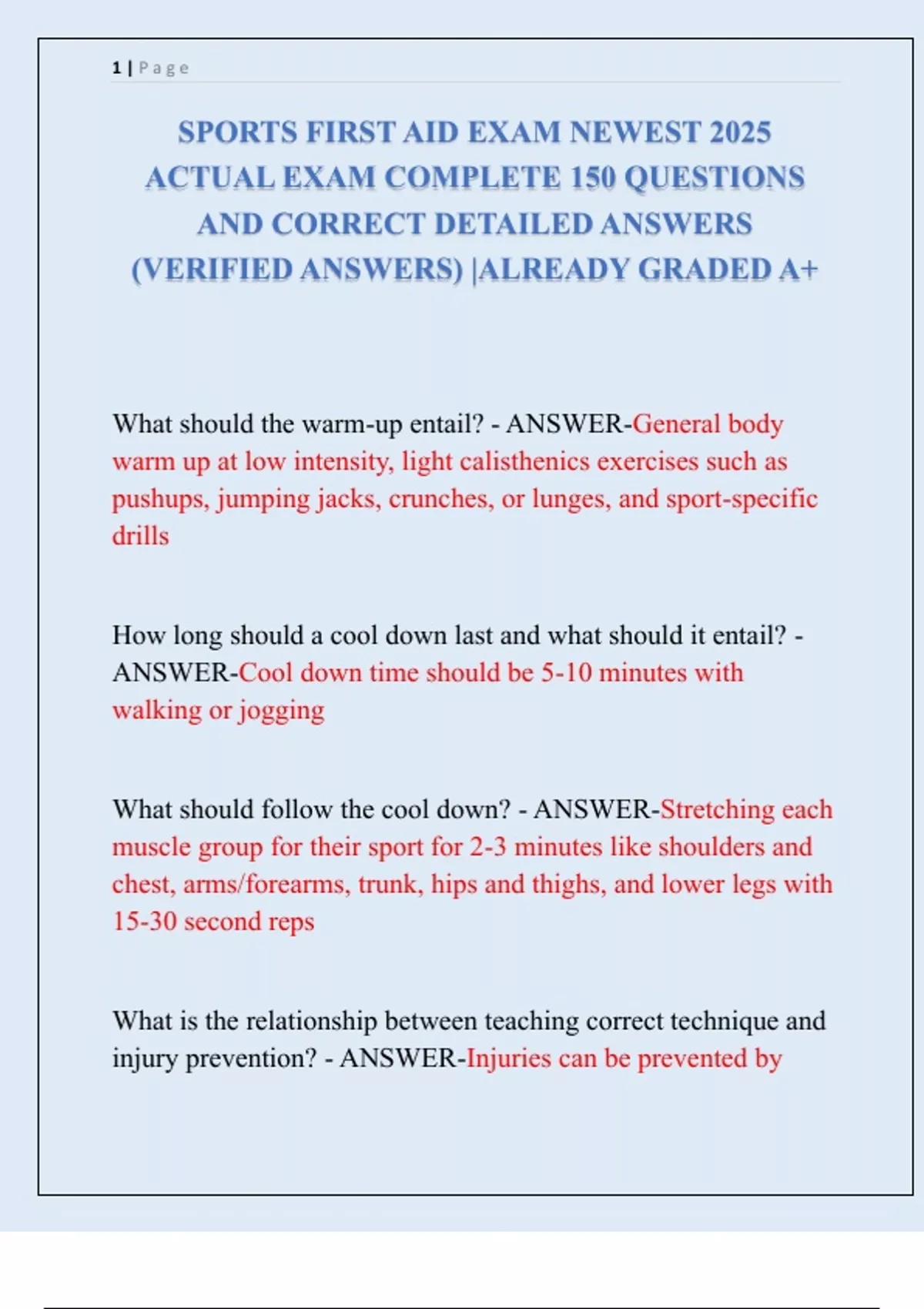 SPORTS FIRST AID EXAM NEWEST 2025 ACTUAL EXAM COMPLETE 150 QUESTIONS ...