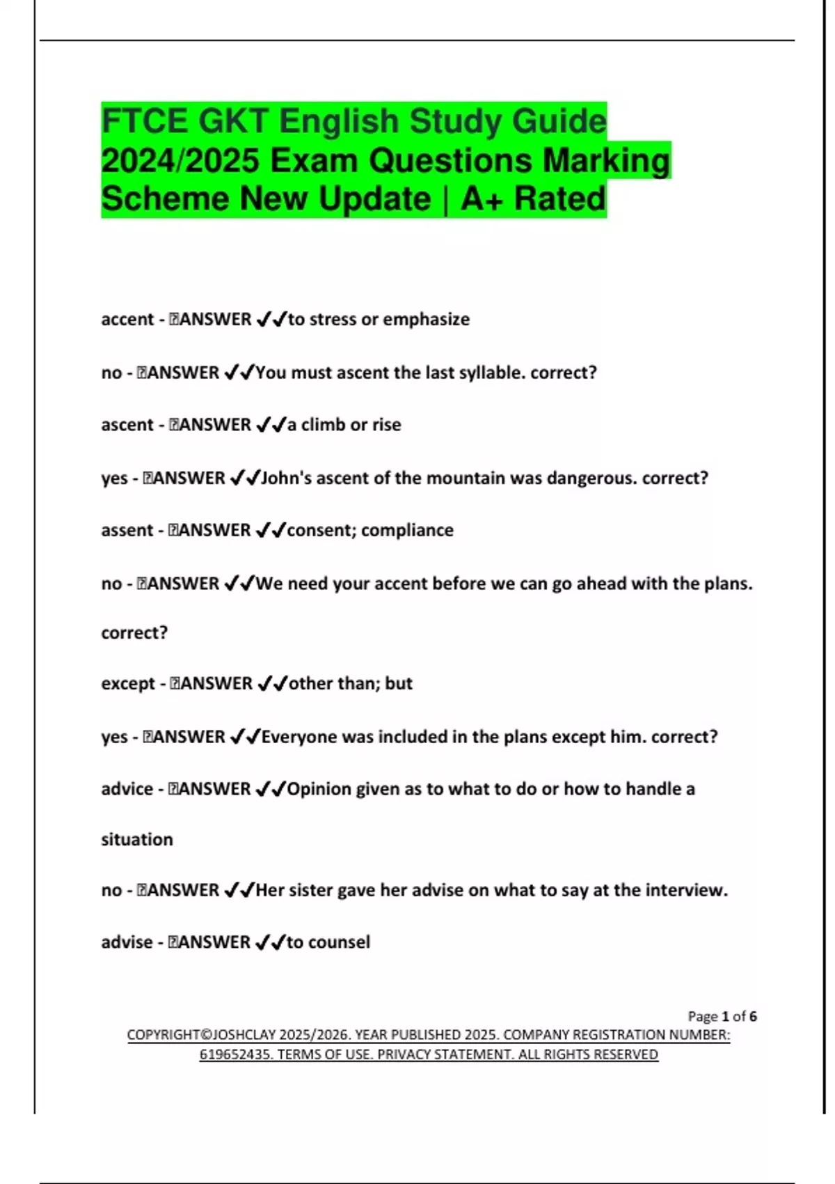 FTCE GKT English Study Guide 2024/2025 Exam Questions Marking Scheme ...