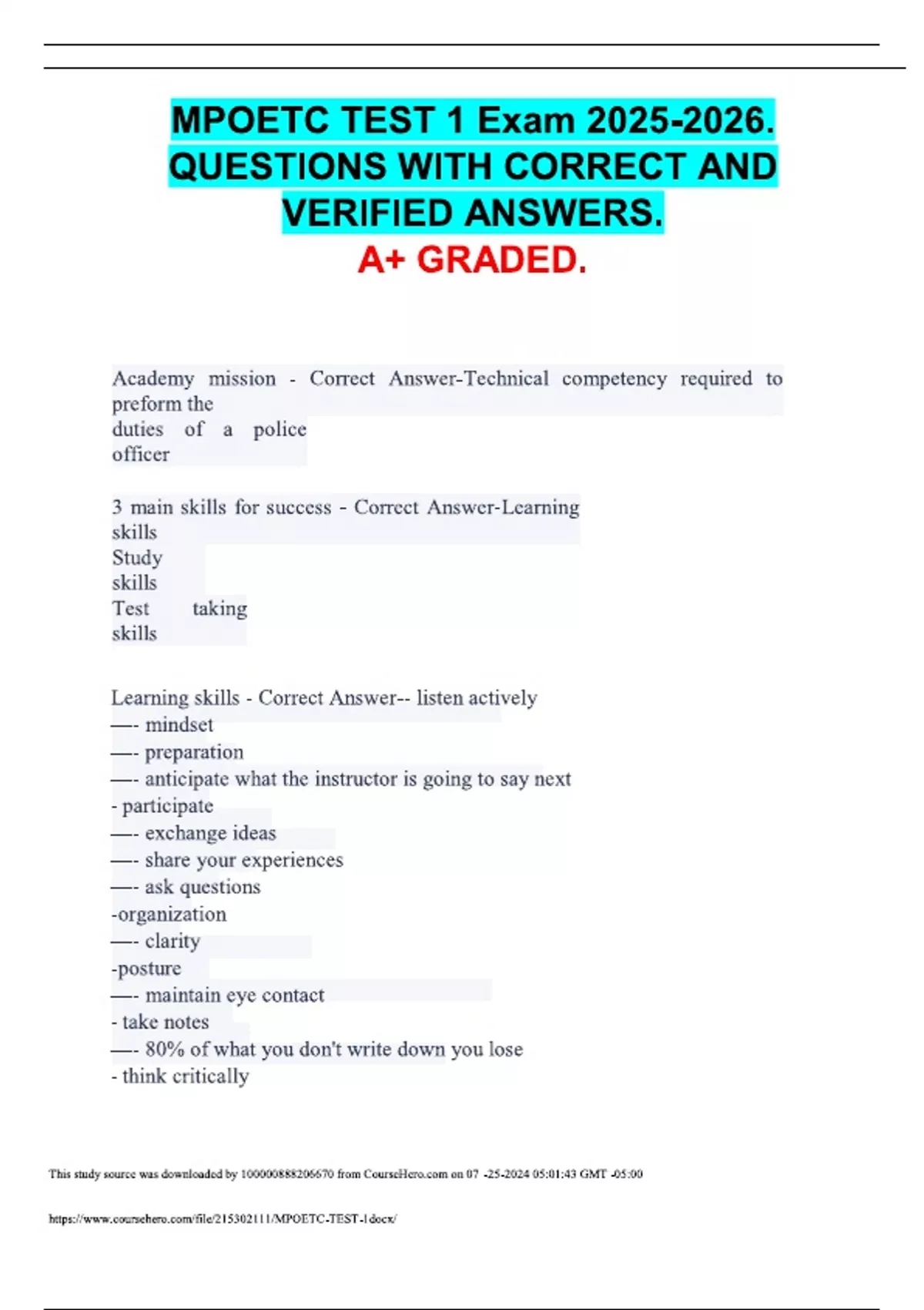 MPOETC TEST 1 Exam . QUESTIONS WITH CORRECT AND VERIFIED ANSWERS. A+ ...