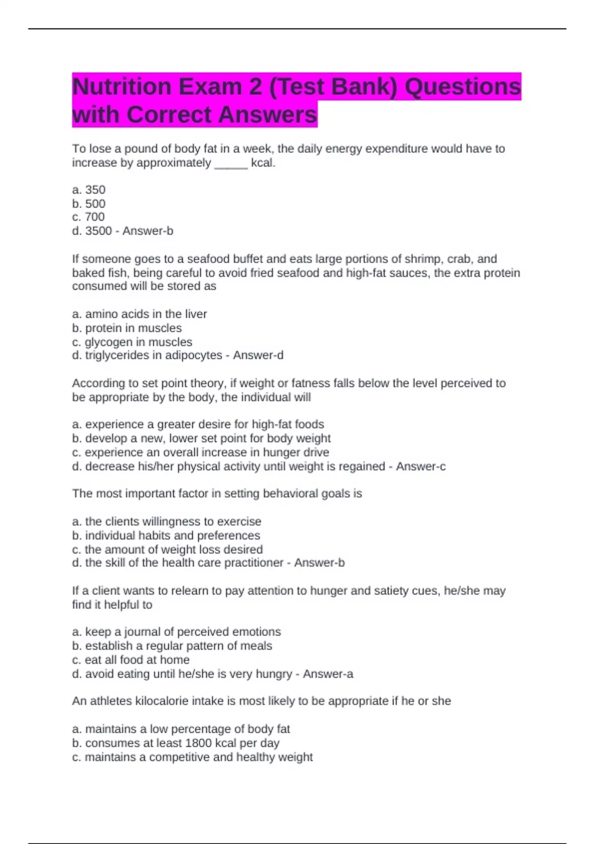 Nutrition Exam 2 (Test Bank) Questions with Correct Answers - Basic ...