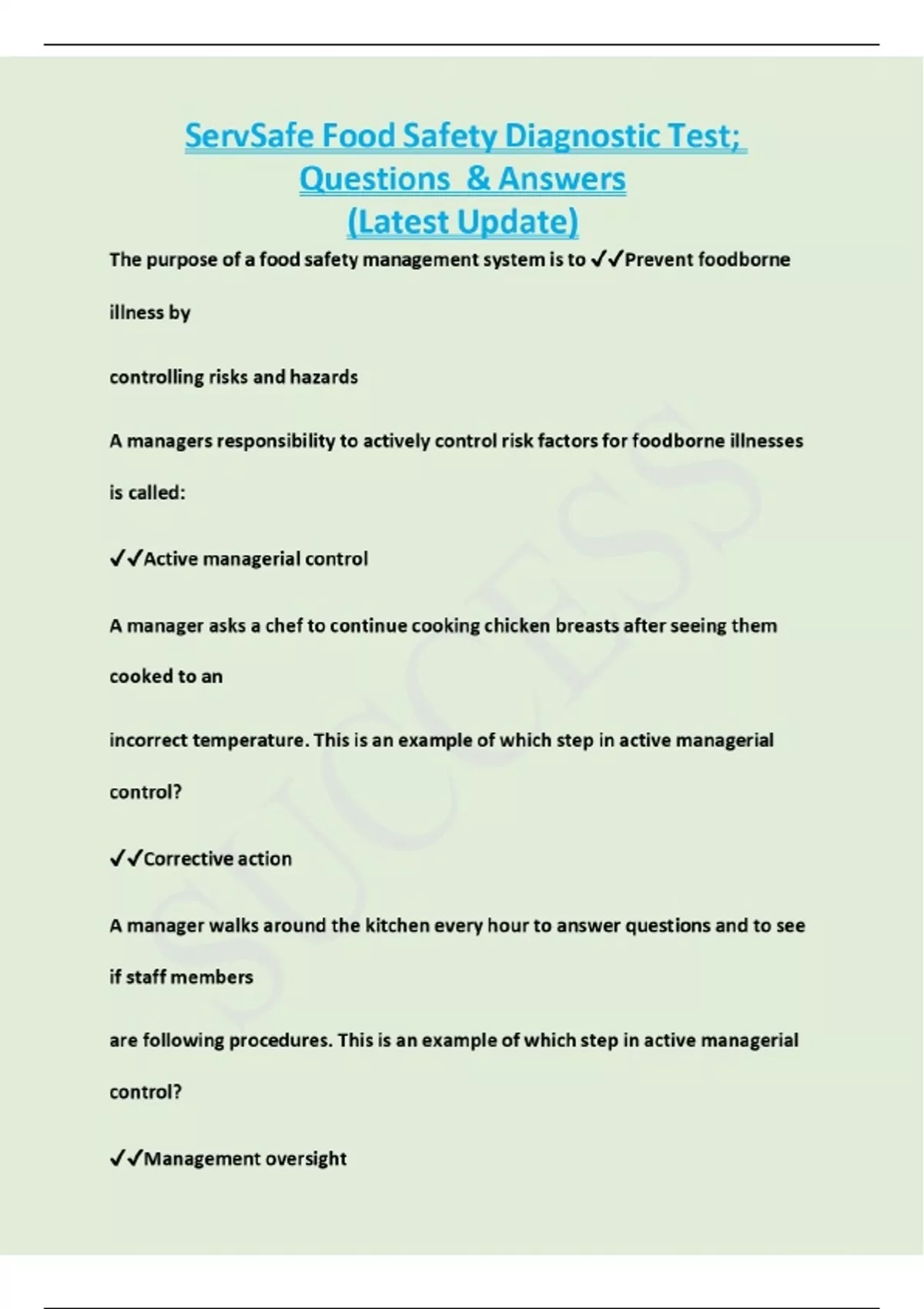 ServSafe Food Safety Diagnostic Test; Questions & Answers (Latest ...