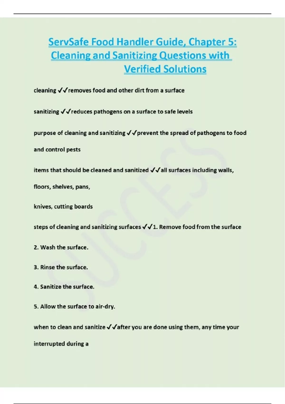 ServSafe Food Handler Guide, Chapter 5: Cleaning and Sanitizing ...