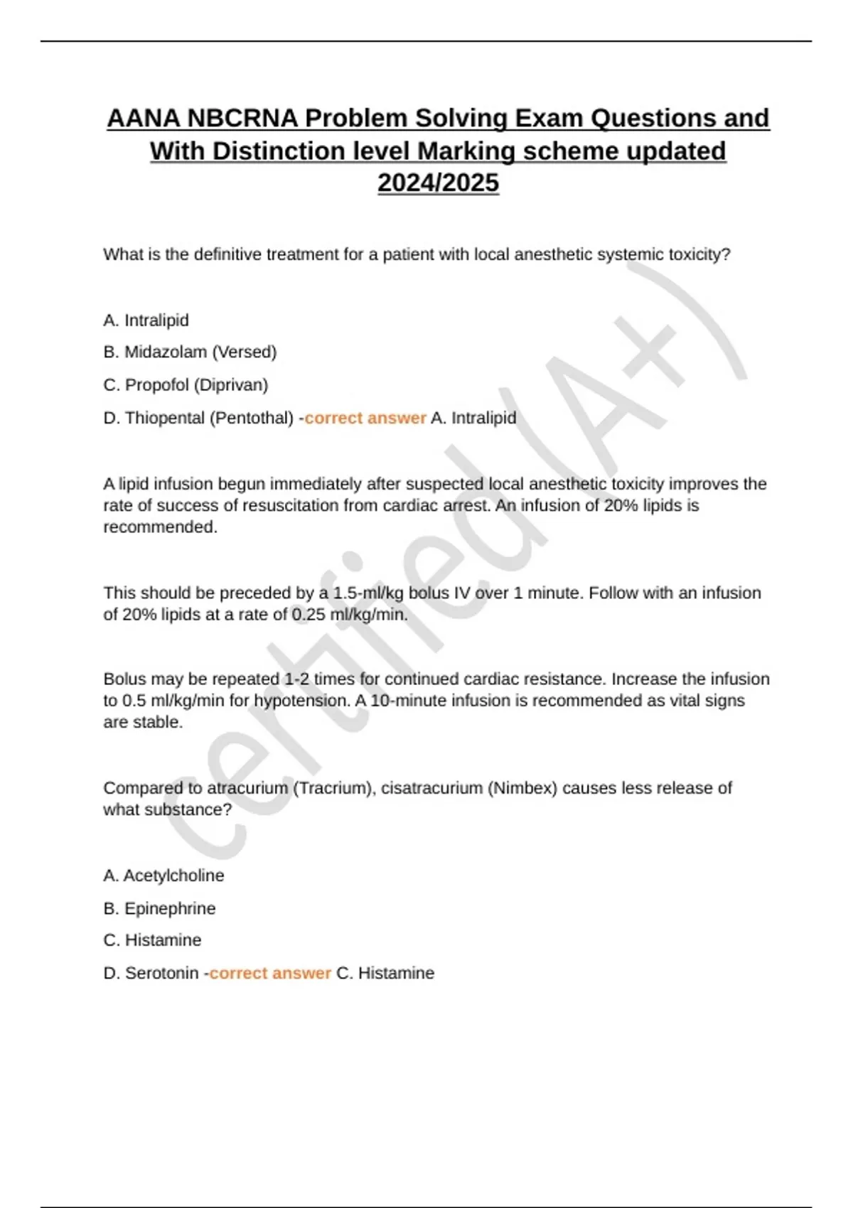 AANA NBCRNA Problem Solving Exam Questions and With Distinction level ...