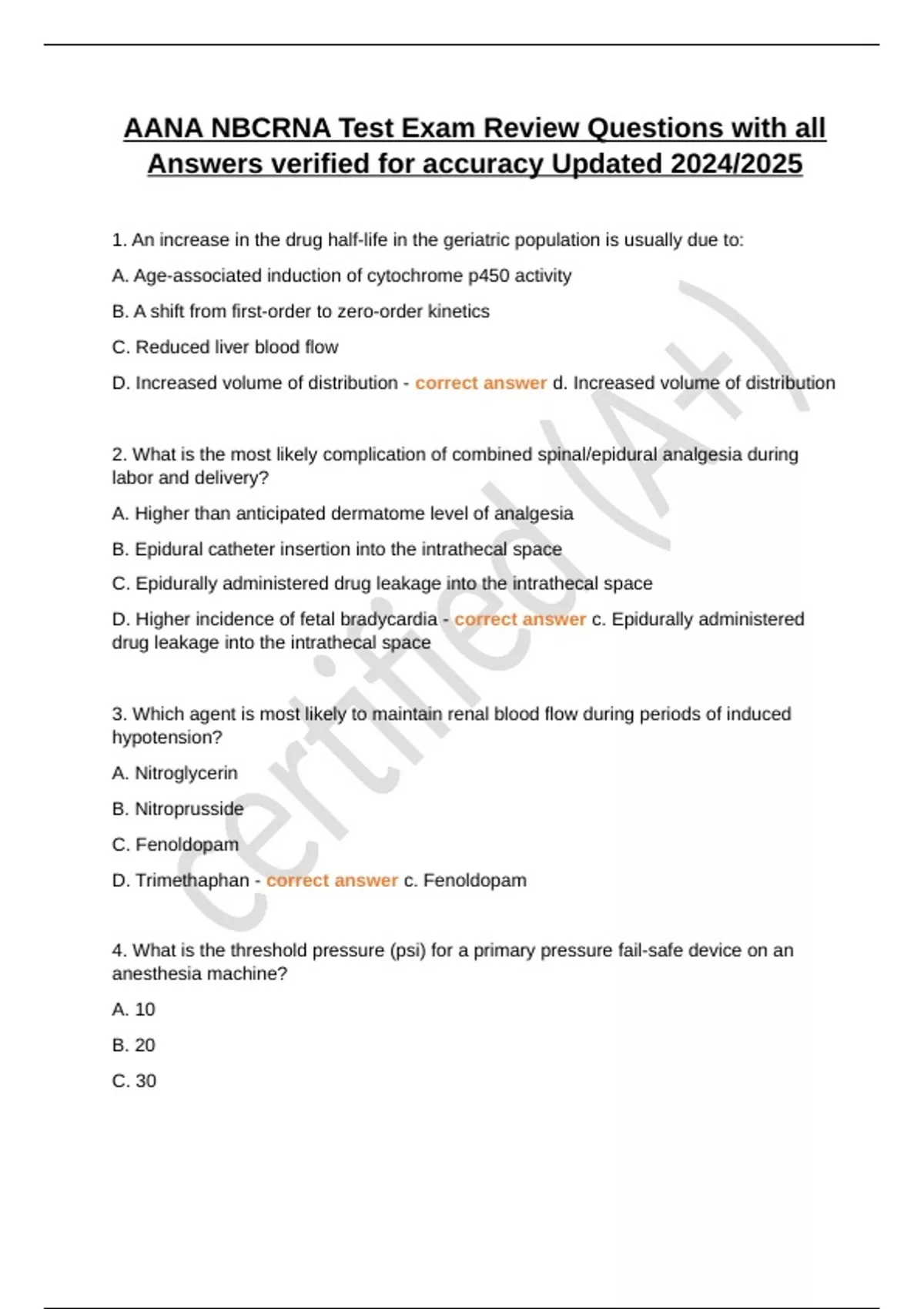 AANA NBCRNA Final Assessment certification Exam Questions with verified ...