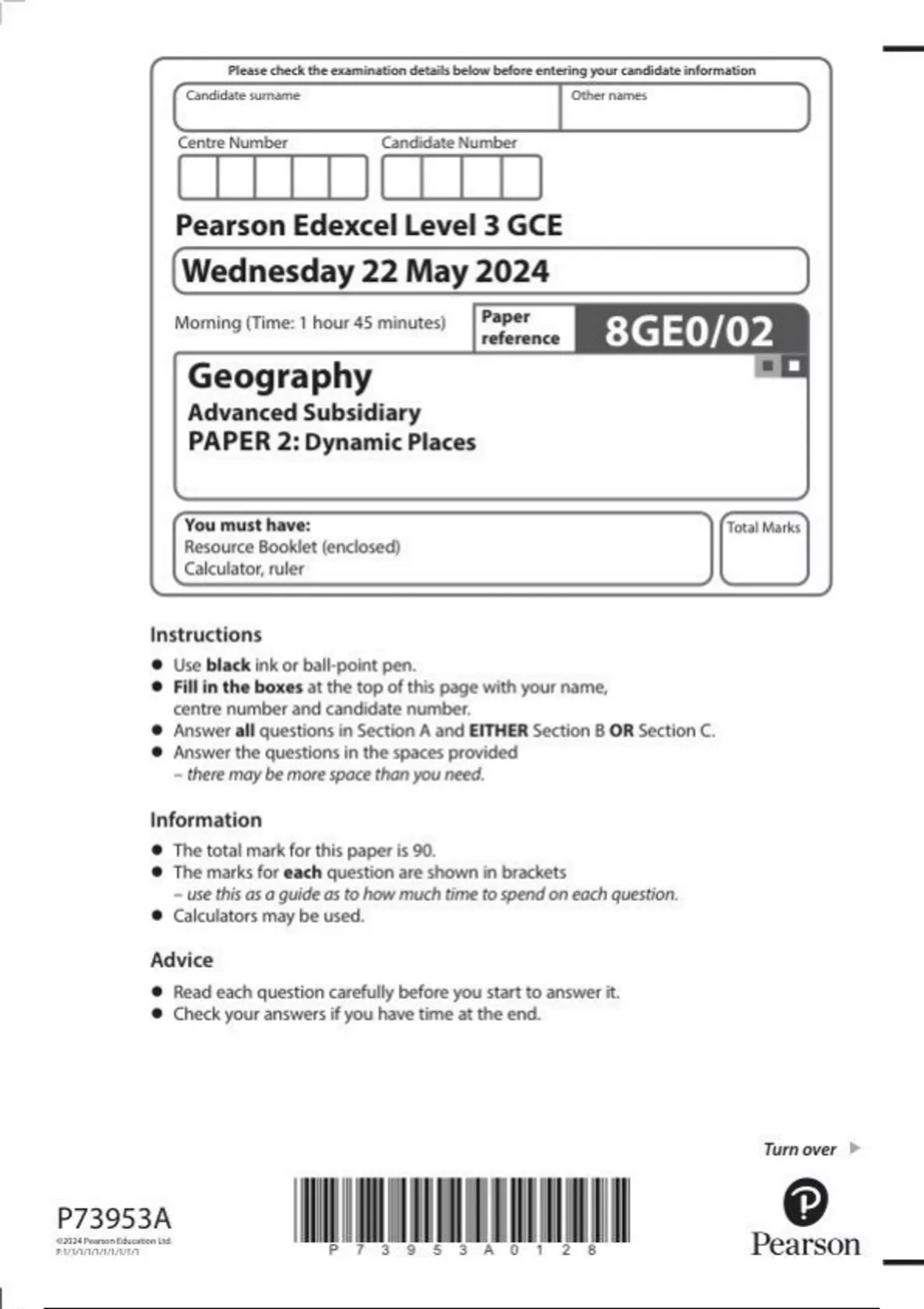 PEARSON EDEXCEL AS LEVEL GEOGRAPHY PAPER 2 JUNE 2024 FINAL QUESTION ...