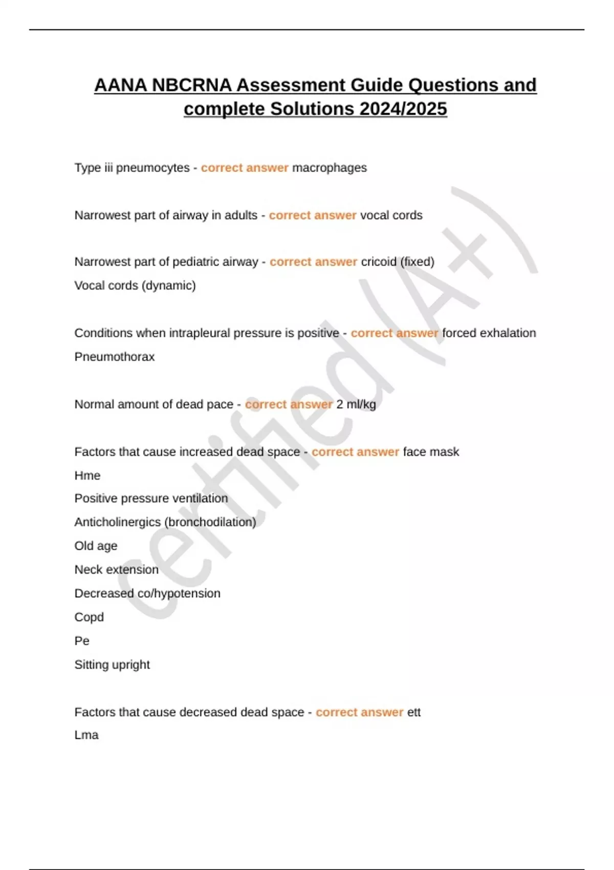 AANA NBCRNA Assessment Guide Questions and complete Solutions 2024/2025 ...