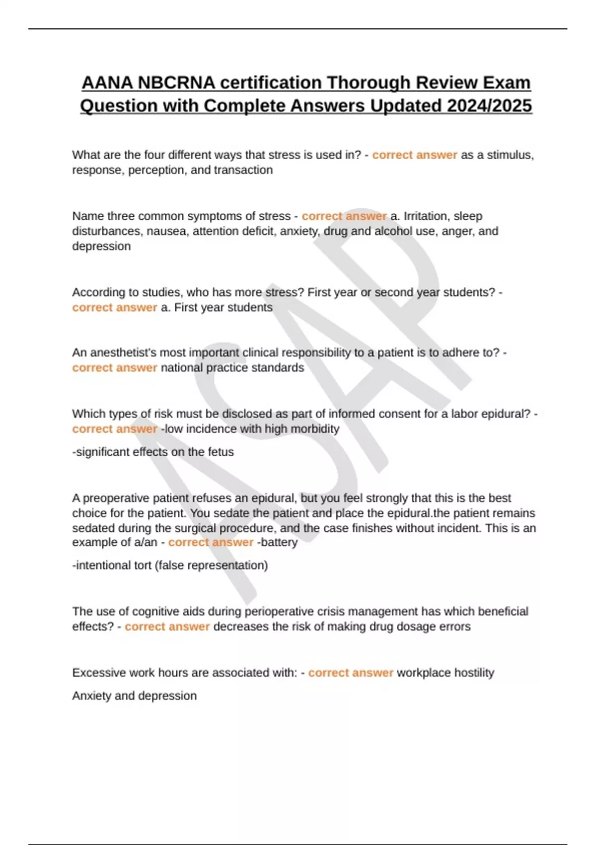 AANA NBCRNA certification Thorough Review Exam Question with Complete ...