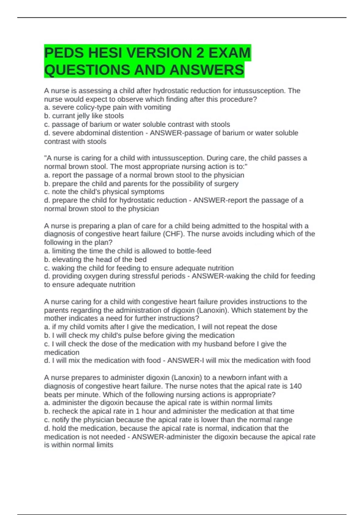 PEDS HESI VERSION 2 EXAM QUESTIONS AND ANSWERS - Maternity / pediatric ...
