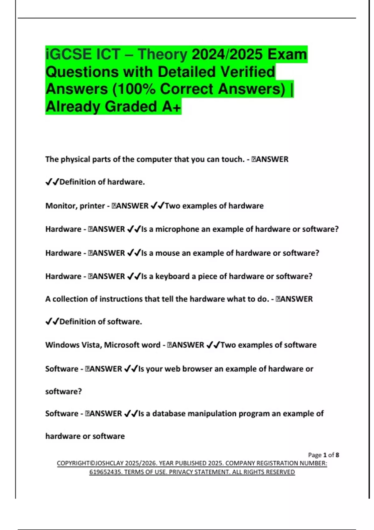 iGCSE ICT – Theory 2024/2025 Exam Questions with Detailed Verified Answers (100% Correct Answers ...
