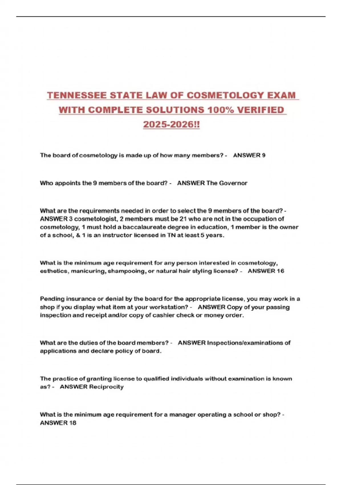 TENNESSEE STATE LAW OF COSMETOLOGY EXAM WITH COMPLETE SOLUTIONS 100% ...