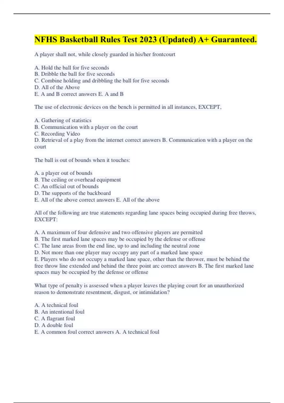 NFHS Basketball Rules Test 2023 Questions And Answers 2025 - NFHS ...