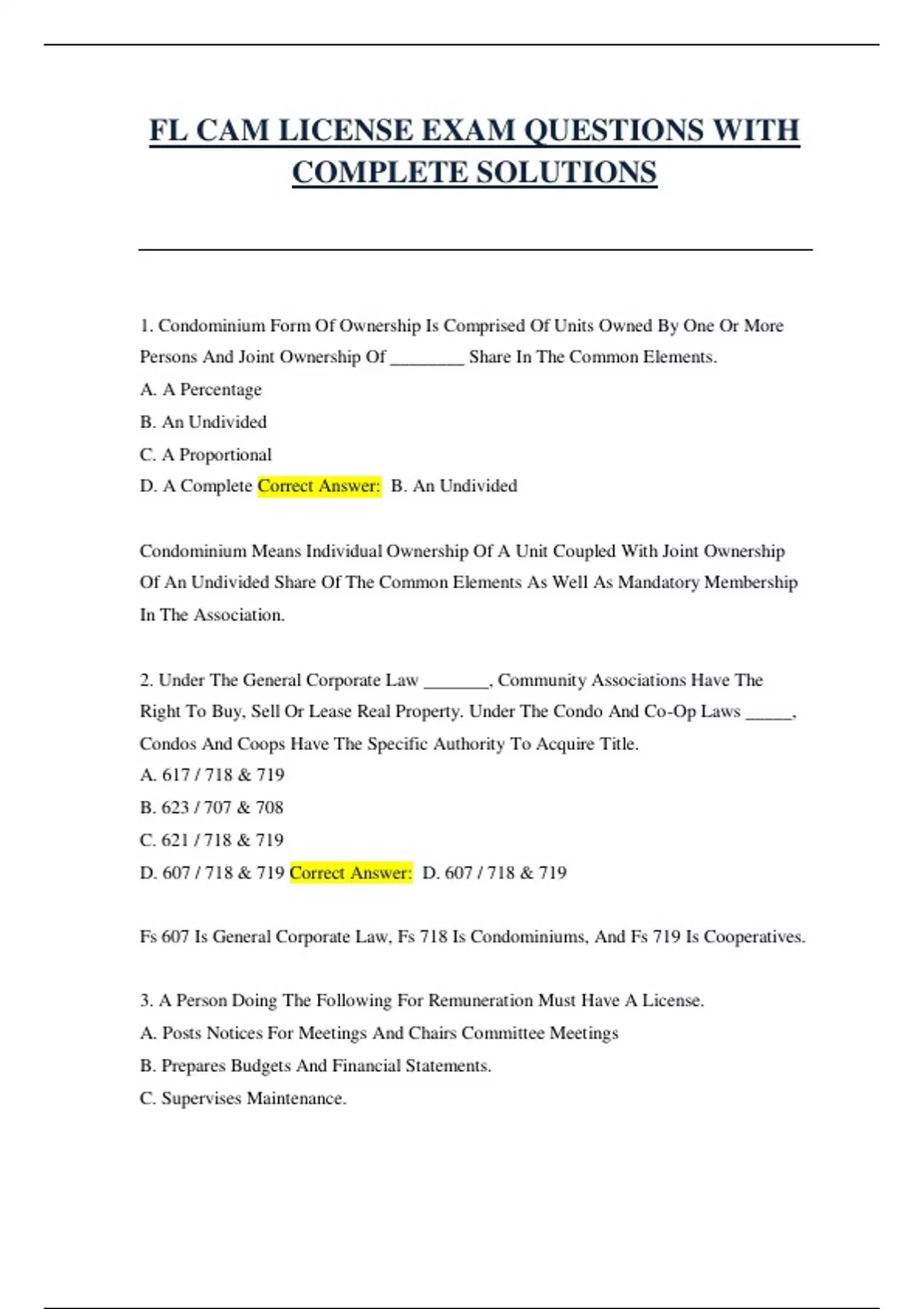 FL CAM LICENSE EXAM QUESTIONS WITH COMPLETE SOLUTIONS - FL CAM LICENSE ...