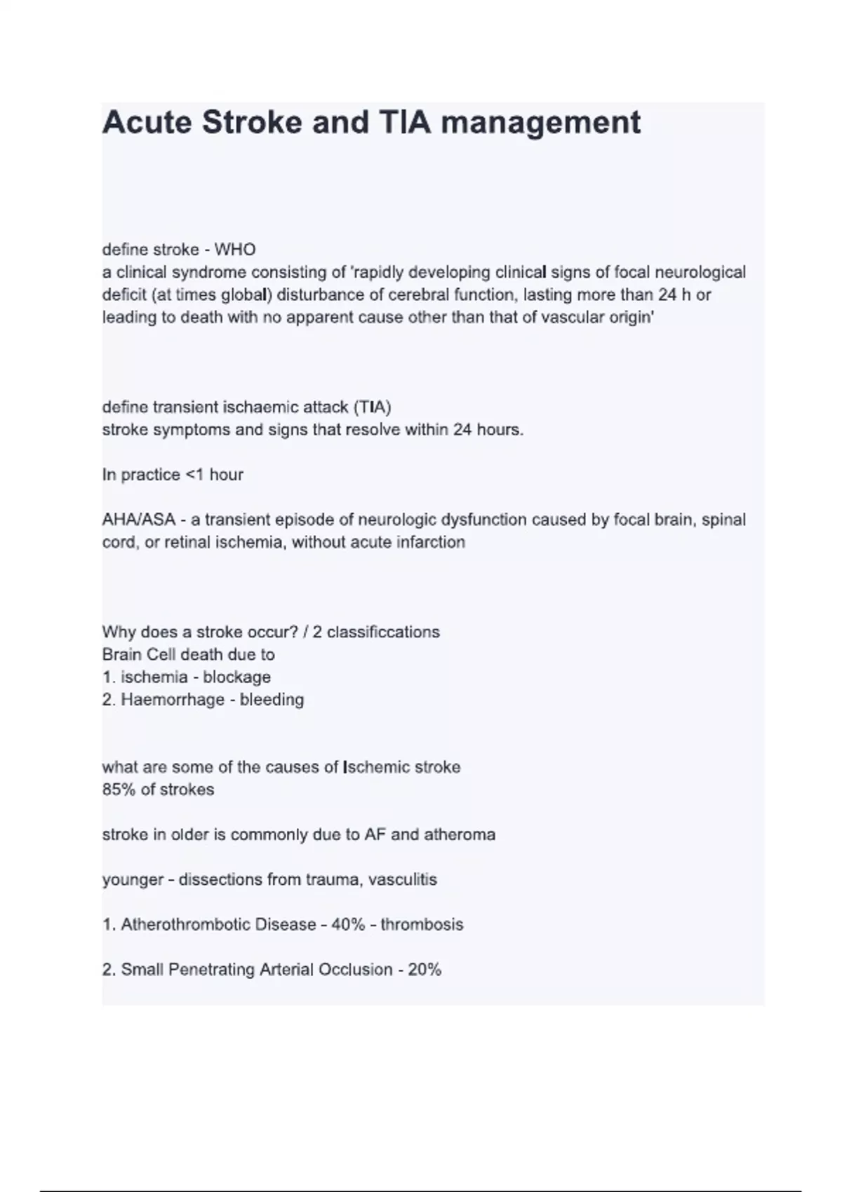 Acute Stroke and TIA management questions and answers - Stroke - Stuvia US