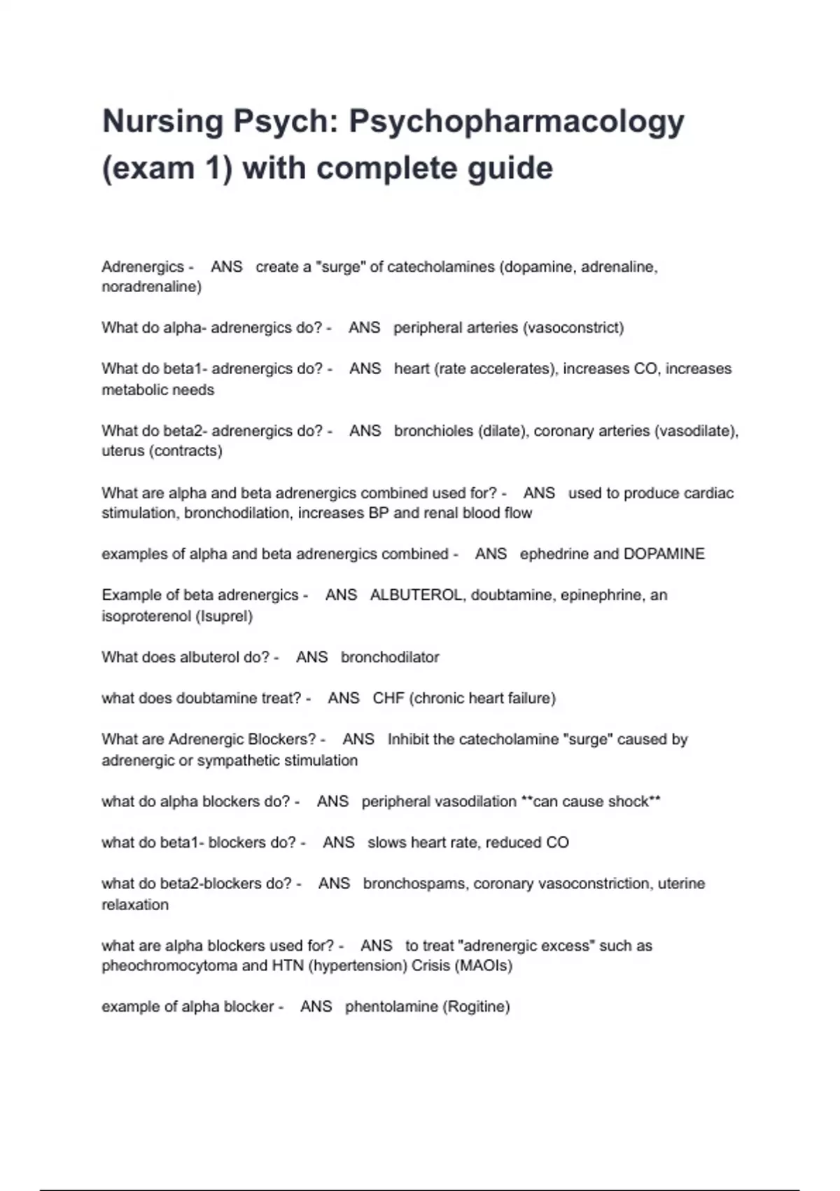 Nursing Psych: Psychopharmacology (exam 1) with complete guide ...