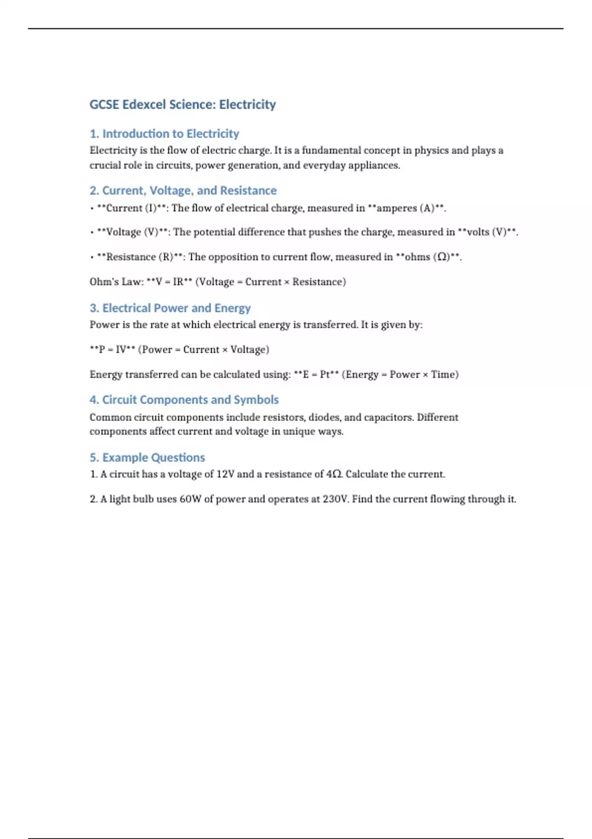 Summary - Physics - Electricity - Science - Stuvia US