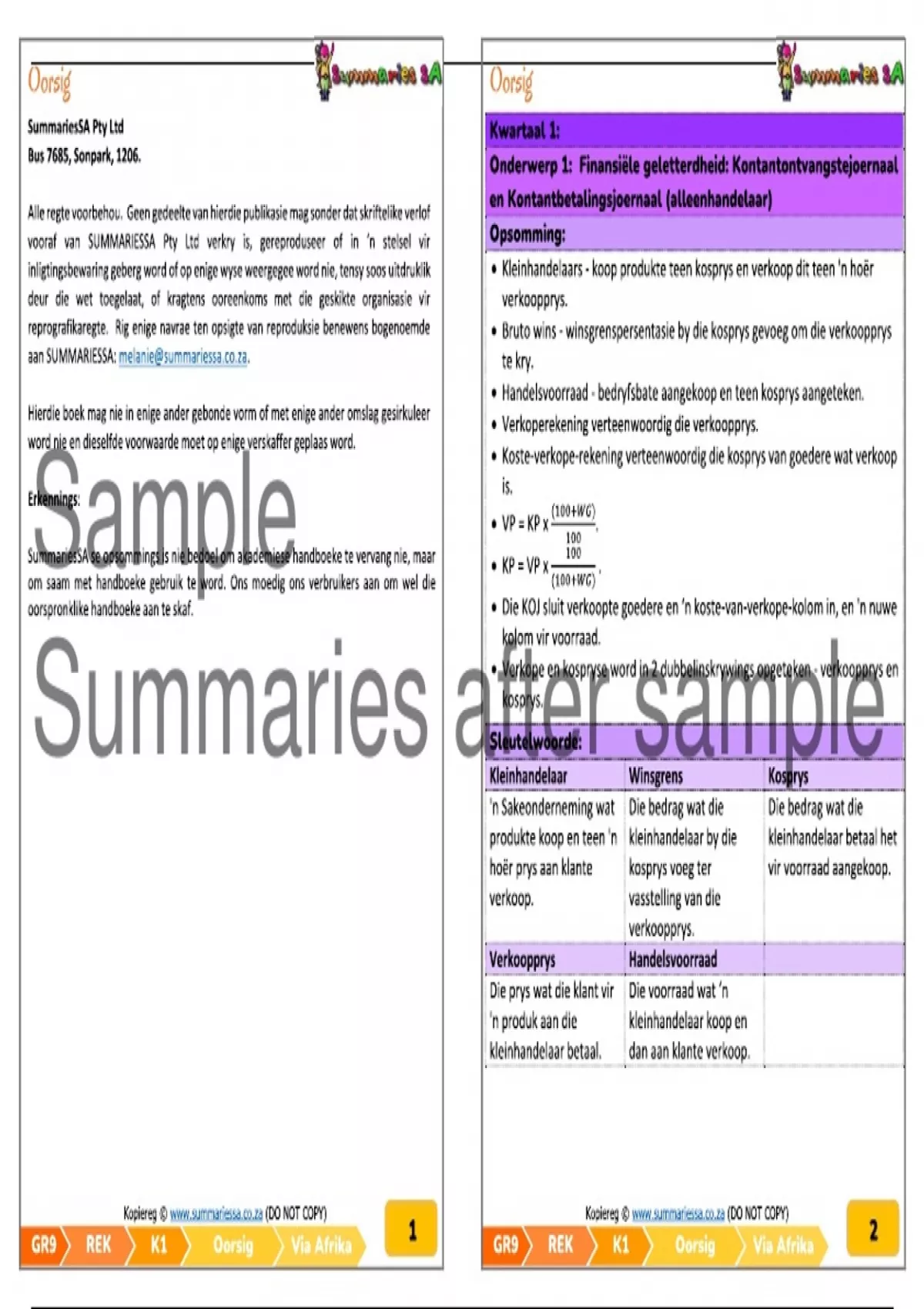 Summary Graad 9 EBW (Rekeningkunde) Kwartaal 1 Opsommings (Via Afrika ...