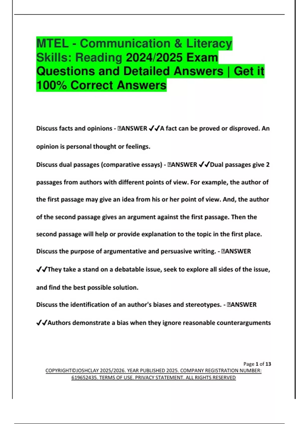 MTEL - Communication & Literacy Skills: Reading 2024/2025 Exam Questions and Detailed Answers ...
