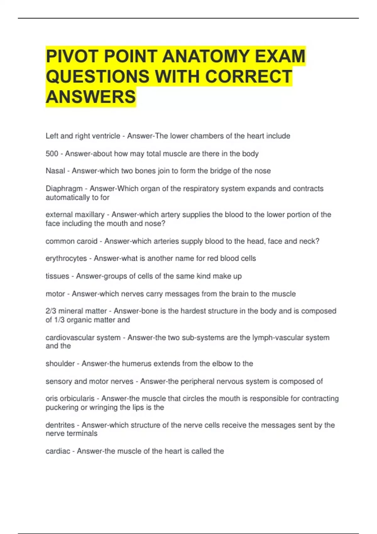 PIVOT POINT ANATOMY EXAM QUESTIONS WITH CORRECT ANSWERS - PIVOT POINT ...