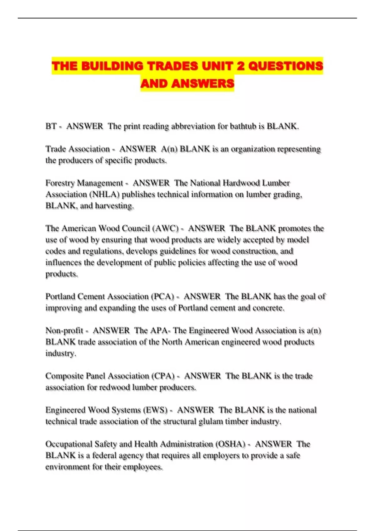 THE BUILDING TRADES UNIT 2 QUESTIONS AND ANSWERS - THE BUILDING TRADES ...