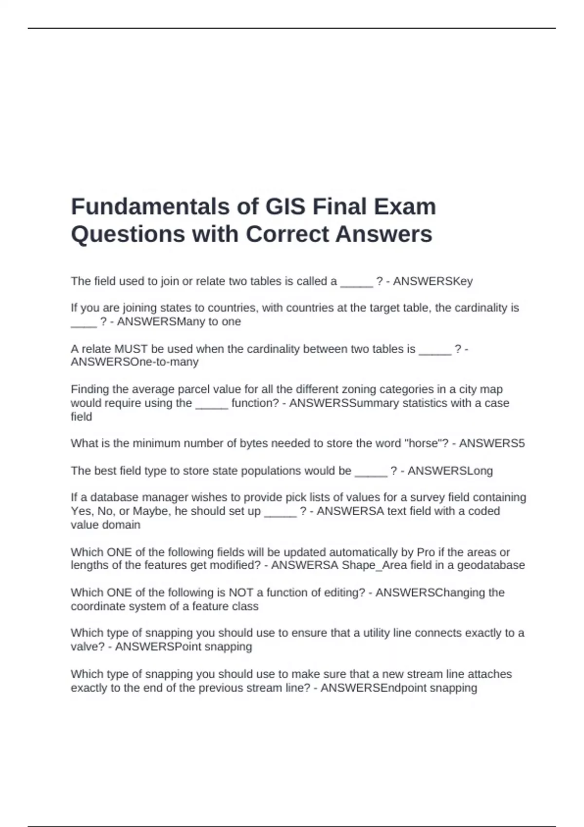 Fundamentals of GIS Final Exam Questions with Correct Answers ...