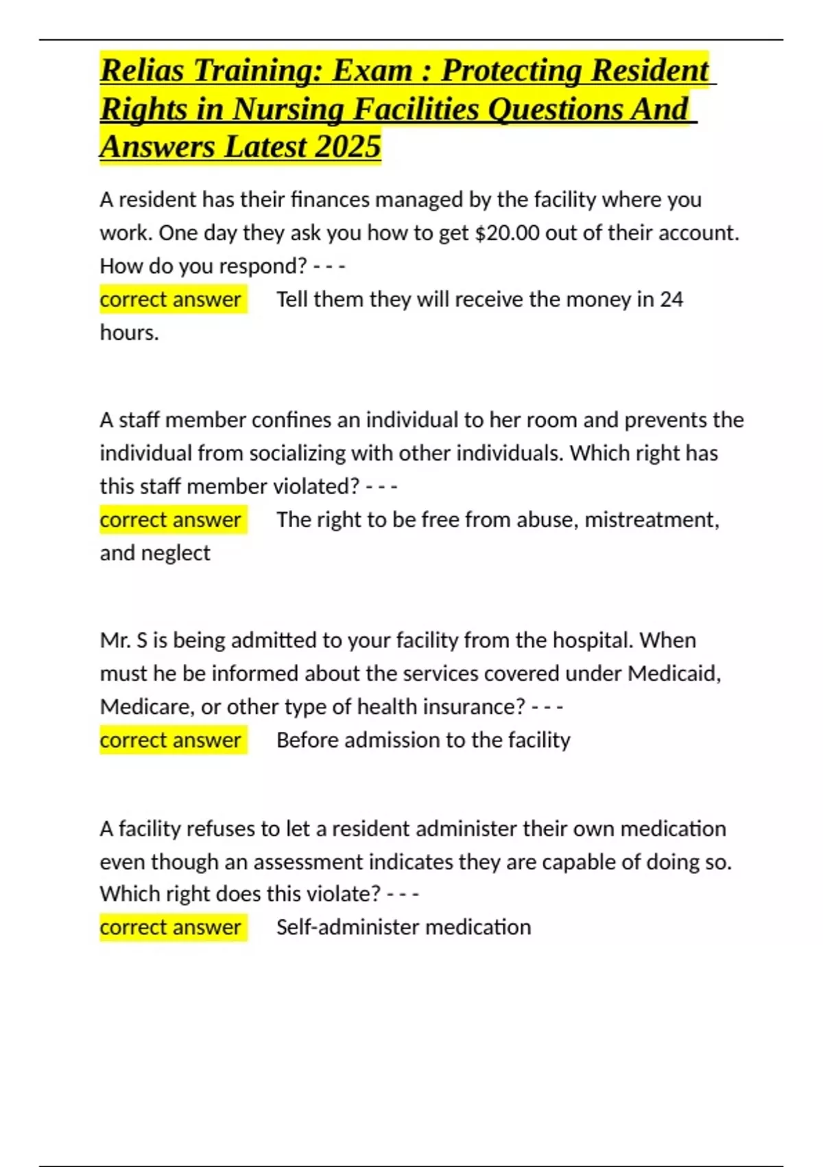 Relias Training Exam Protecting Resident Rights in Nursing Facilities ...