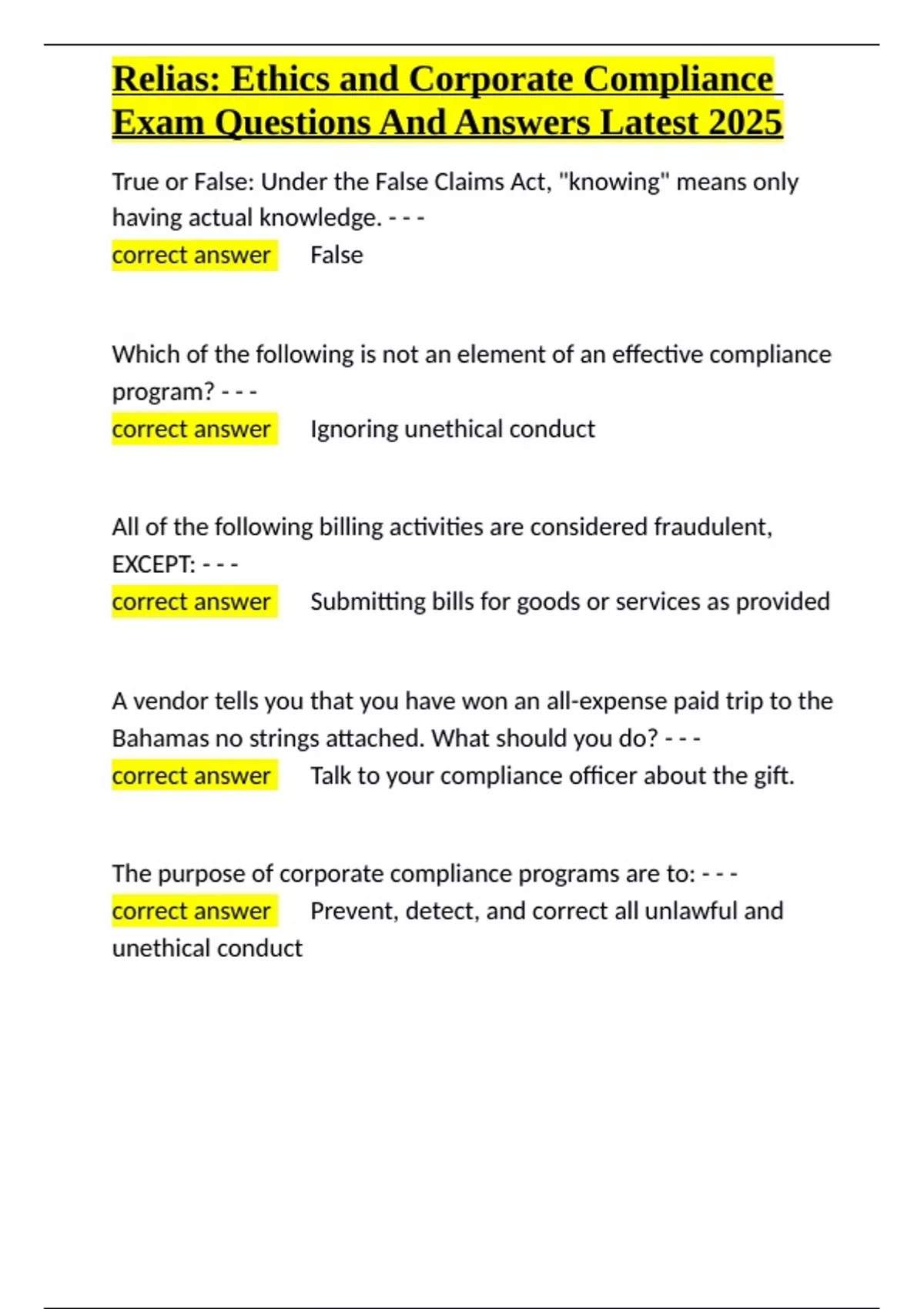 Relias Ethics and Corporate Compliance Exam Questions And Answers ...