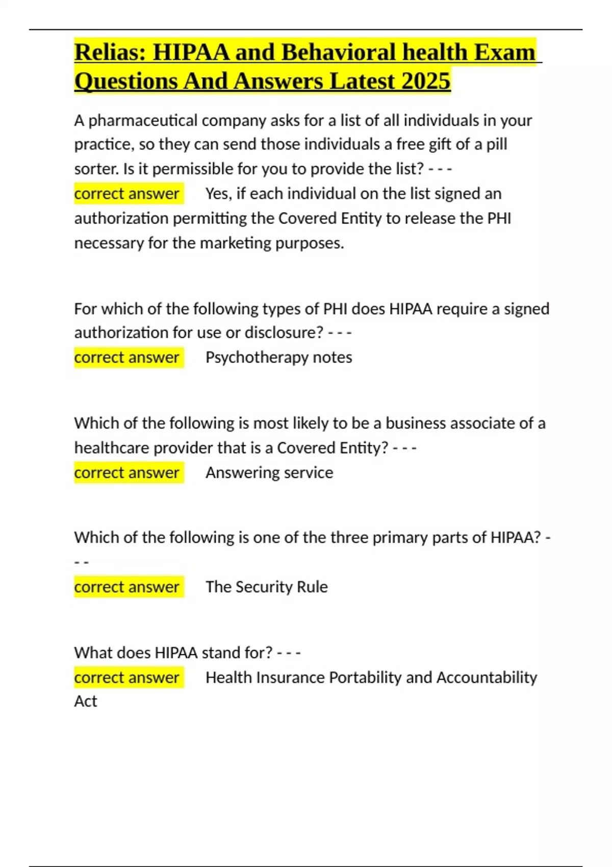 Relias HIPAA and Behavioral health Exam Questions And Answers Latest ...