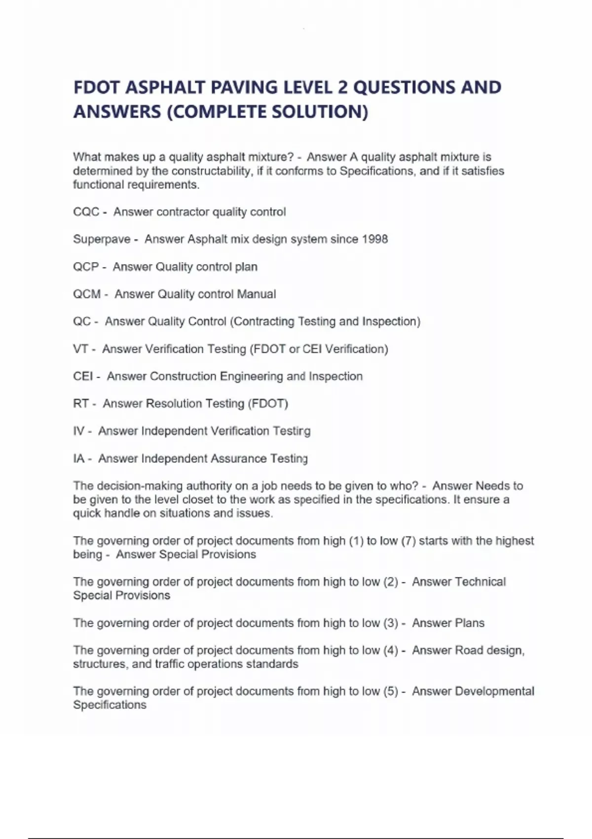 FDOT ASPHALT PAVING LEVEL 2 QUESTIONS AND ANSWERS (COMPLETE SOLUTION ...