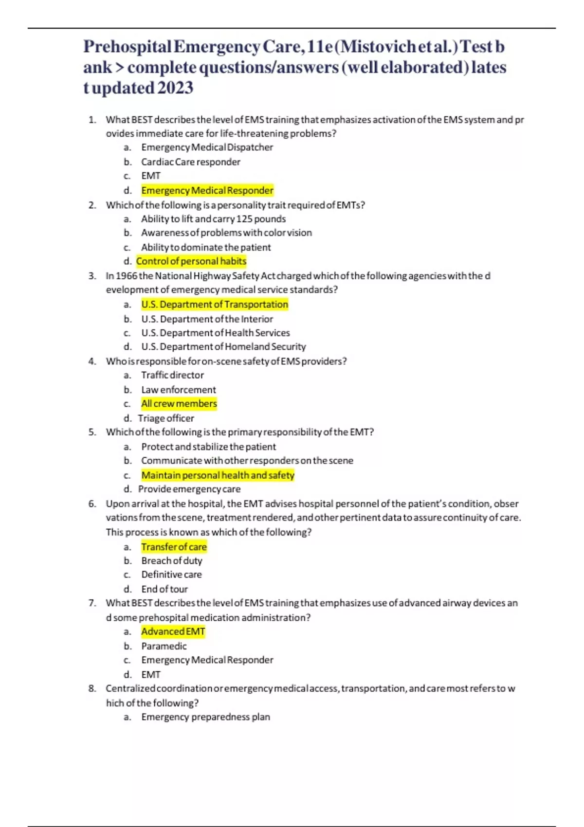 Test Bank - Prehospital Emergency Care 12th Edition by Mistovich ...
