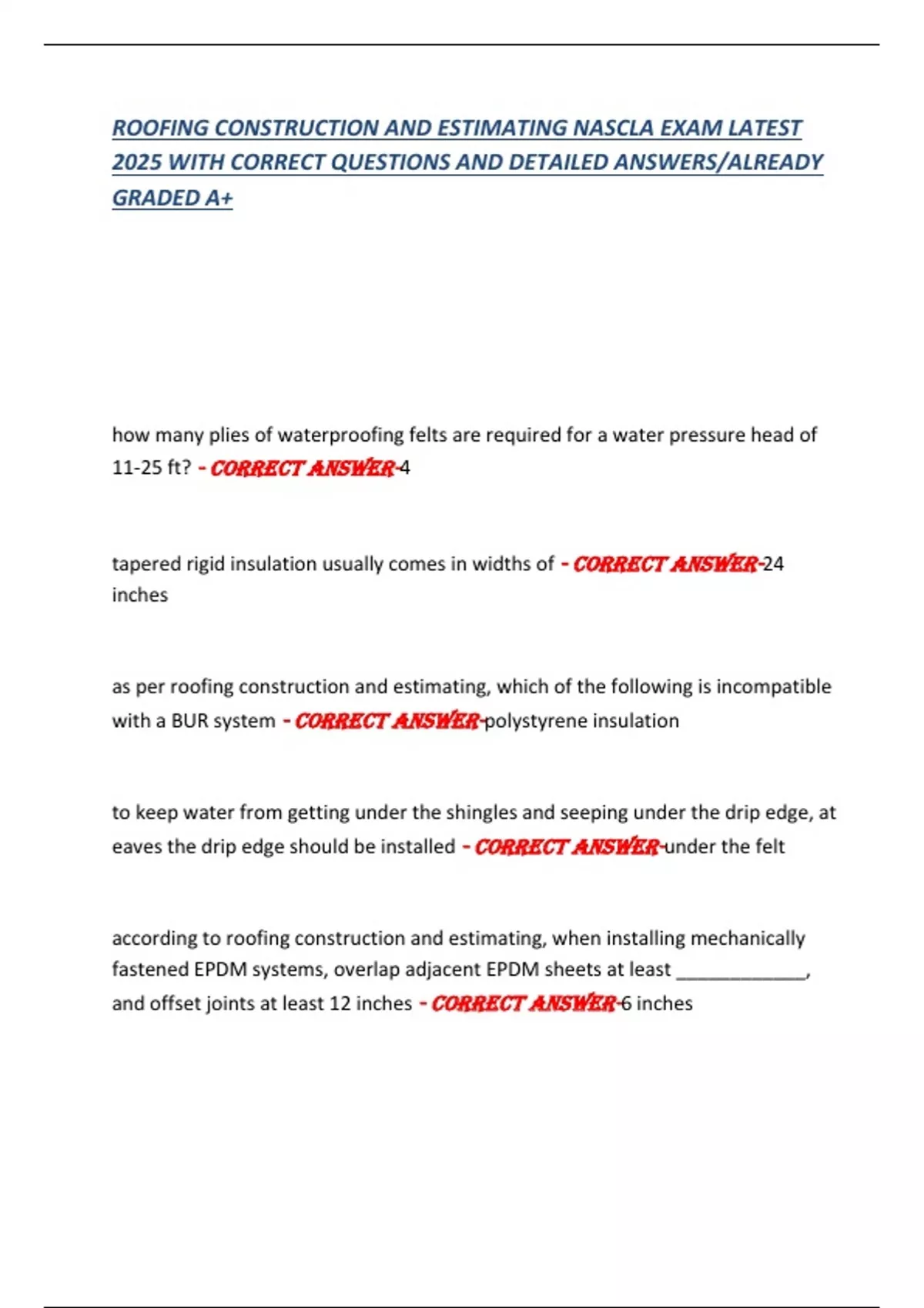 ROOFING CONSTRUCTION AND ESTIMATING NASCLA EXAM LATEST 2025 WITH ...