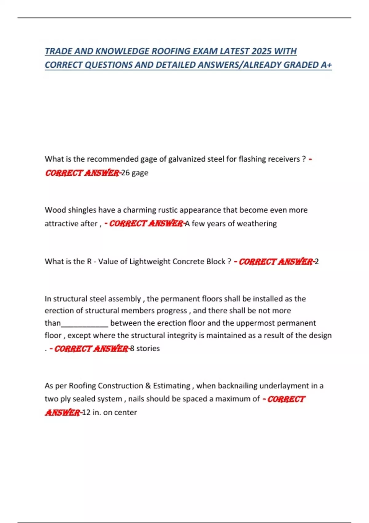 TRADE AND KNOWLEDGE ROOFING EXAM LATEST 2025 WITH CORRECT QUESTIONS AND ...