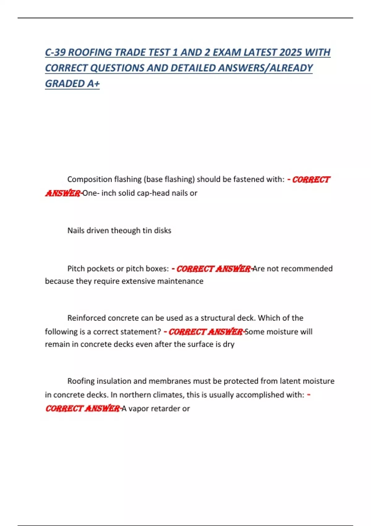 C-39 ROOFING TRADE TEST 1 AND 2 EXAM LATEST 2025 WITH CORRECT QUESTIONS ...