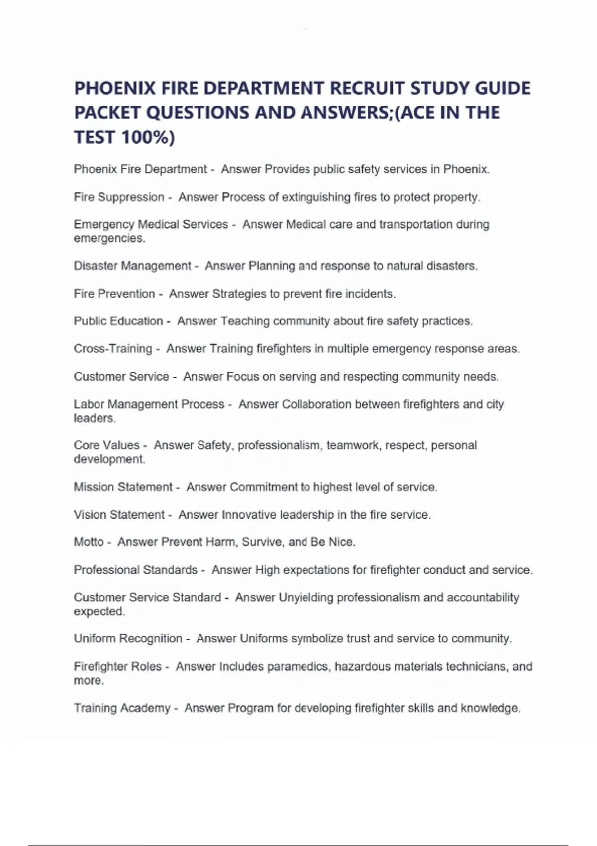 PHOENIX FIRE DEPARTMENT RECRUIT STUDY GUIDE PACKET QUESTIONS AND ...