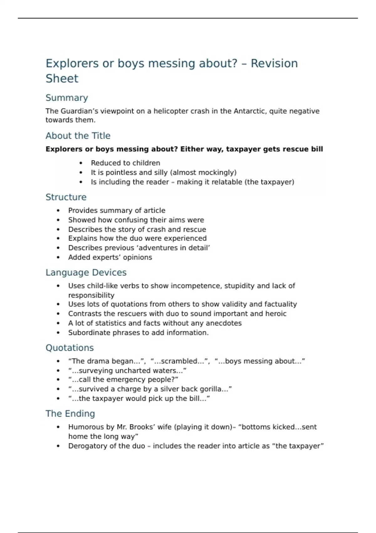 Summary 'Explorers or Boys Messing About?' Revision Sheet - English ...