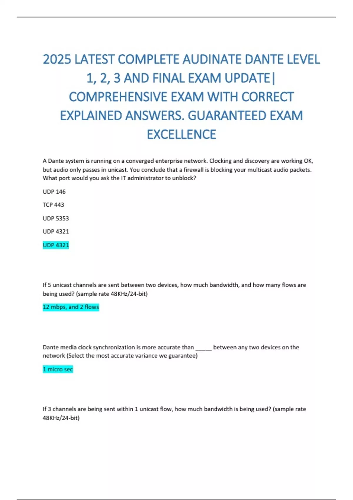 2025 LATEST COMPLETE AUDINATE DANTE LEVEL 1, 2, 3 AND FINAL EXAM UPDATE ...