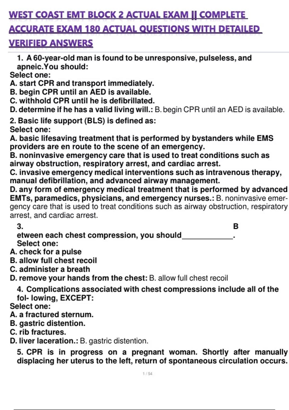 WEST COAST EMT BLOCK 2 ACTUAL EXAM || COMPLETE ACCURATE EXAM 180 ACTUAL QUESTIONS WITH DETAILED ...