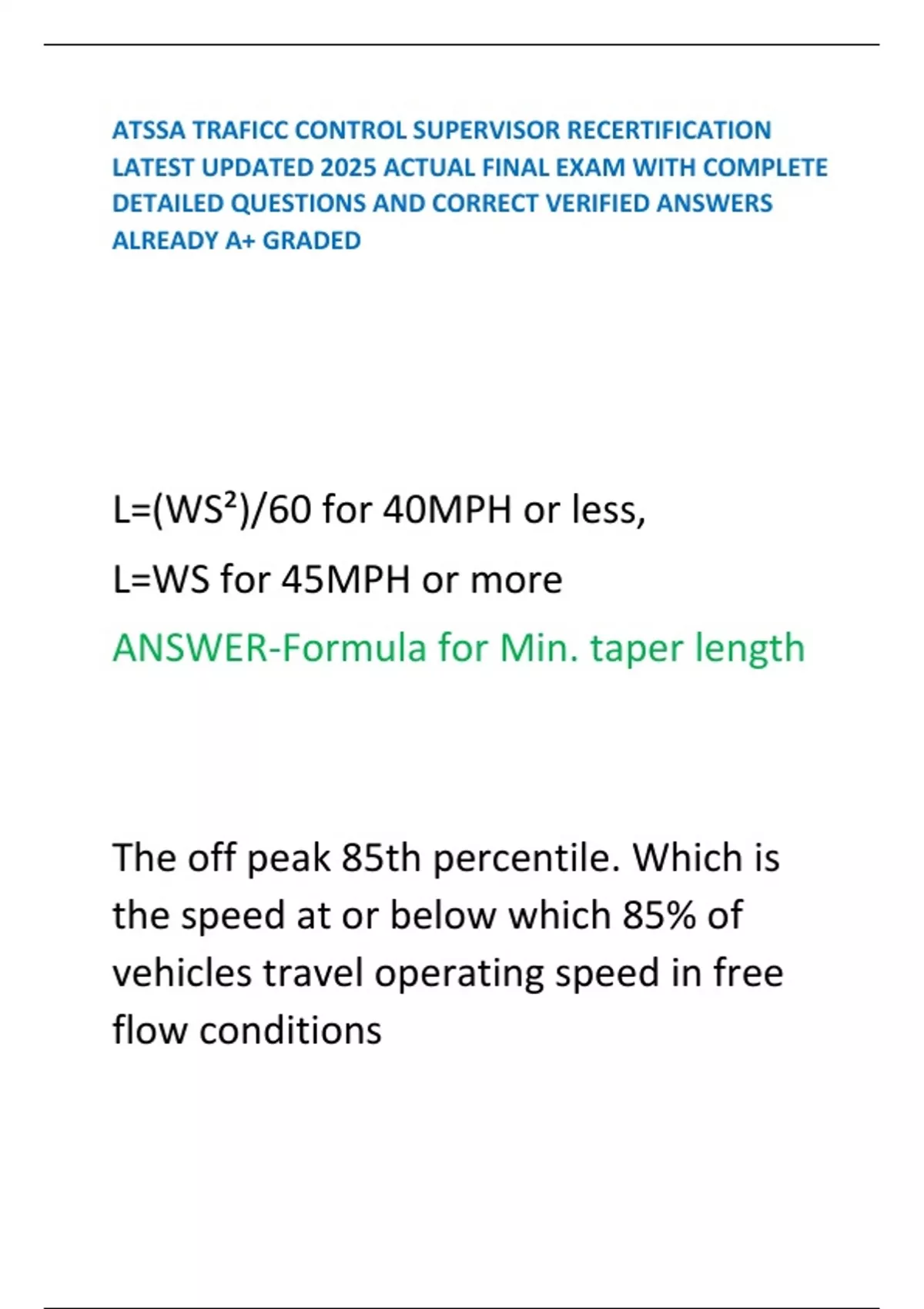 Atssa Traficc Control Supervisor Recertification Latest Updated 2025 Actual Final Exam With