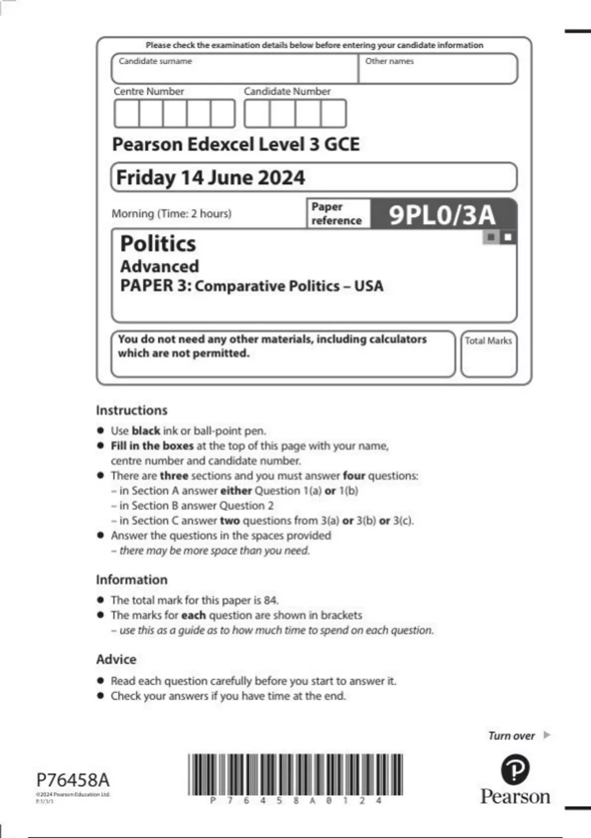 PEARSON EDEXCEL A LEVEL POLITICS PAPER 3A JUNE 2024 FINAL QUESTION ...