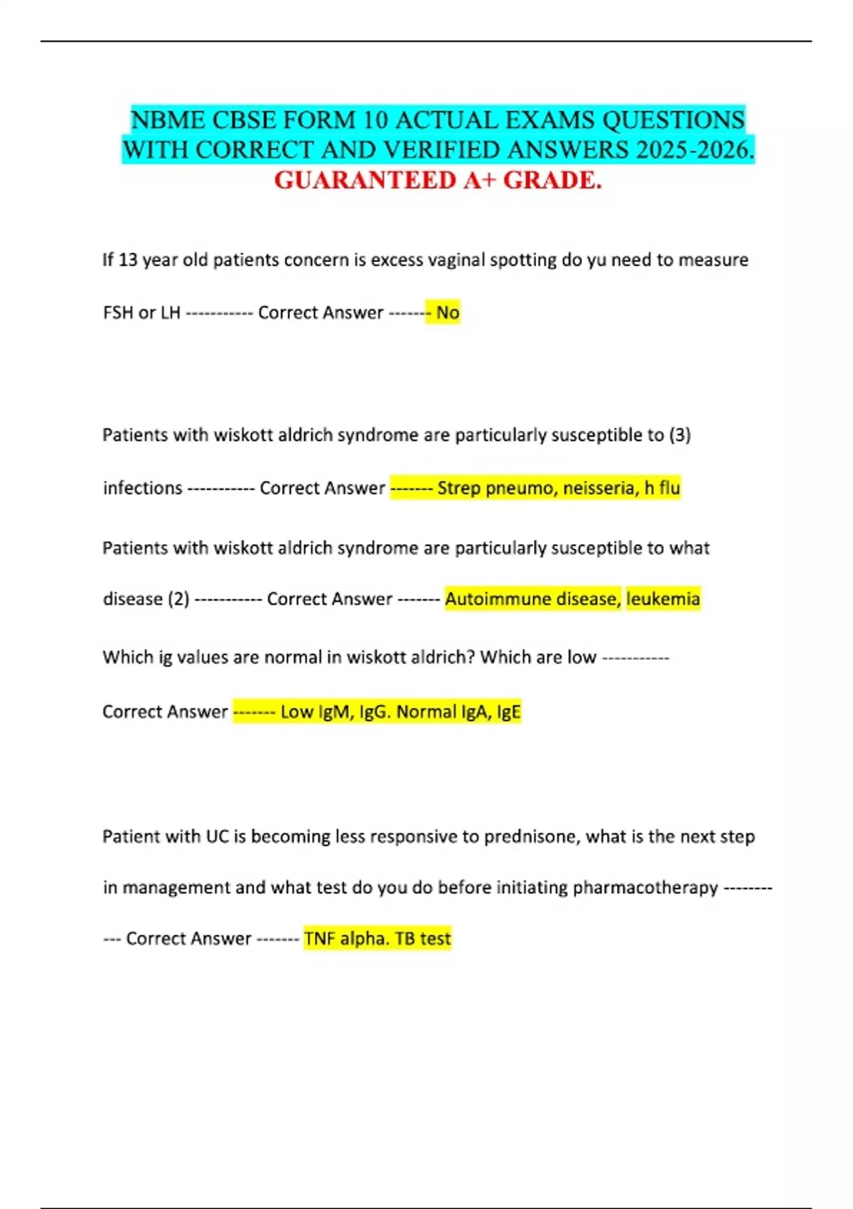 NBME CBSE FORM 10 ACTUAL EXAMS QUESTIONS WITH CORRECT AND VERIFIED ...